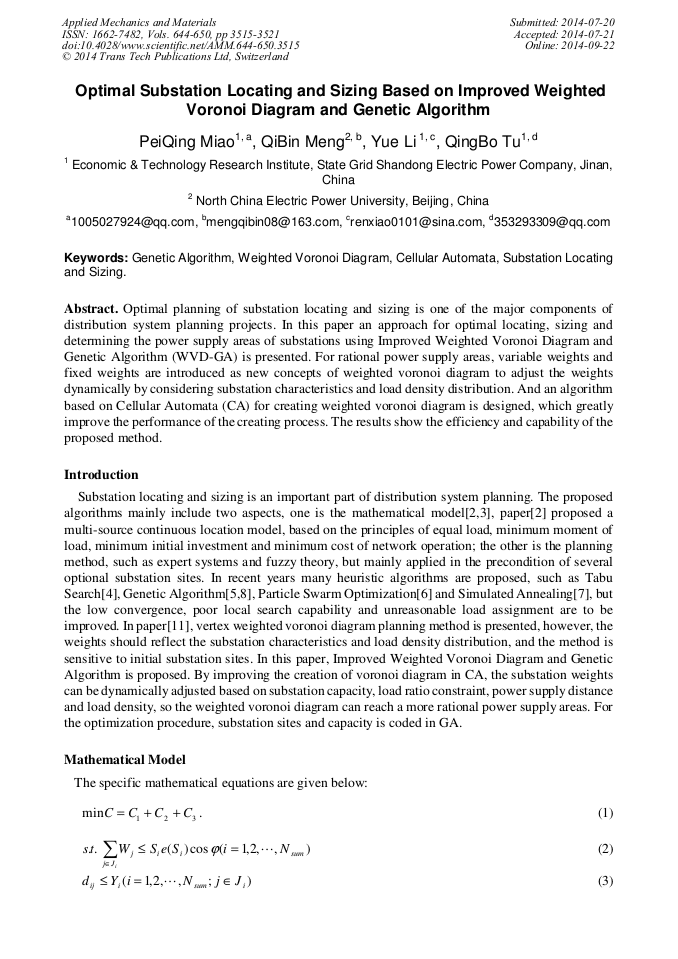 Optimal Substation Locating and Sizing Based on Improved Weighted Voronoi Diagram and Genetic ...