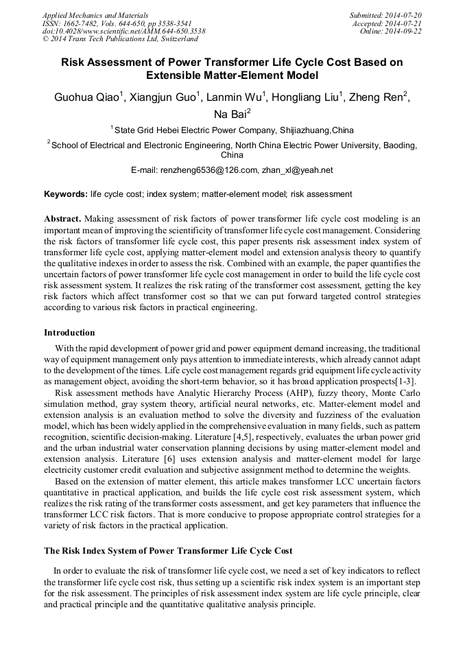 Risk Assessment of Power Transformer Life Cycle Cost Based on ...
