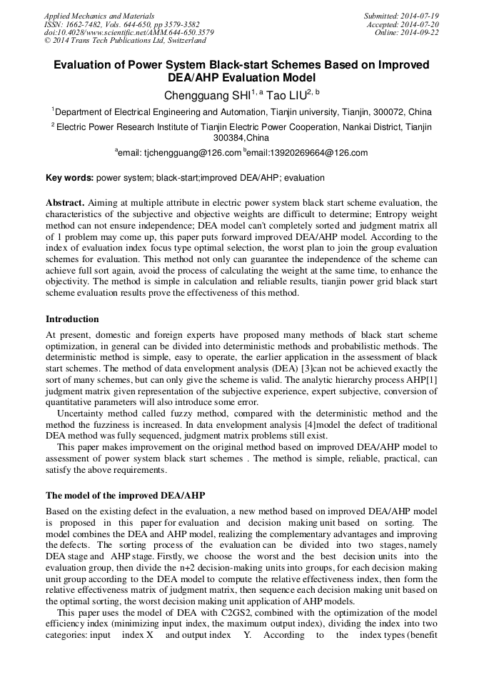 Evaluation of Power System Black-Start Schemes Based on Improved DEA ...