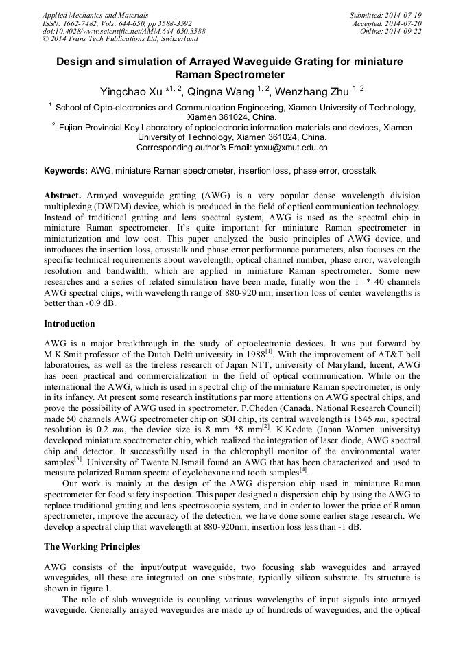 Design and Simulation of Arrayed Waveguide Grating for Miniature Raman Spectrometer | Scientific.Net