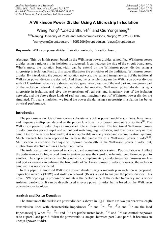 A Wilkinson Power Divider Using a Microstrip in Isolation | Scientific.Net