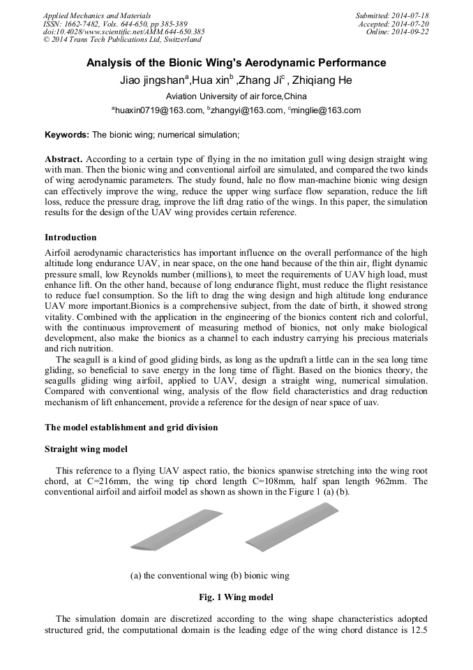 Analysis of the Bionic Wing's Aerodynamic Performance | Scientific.Net