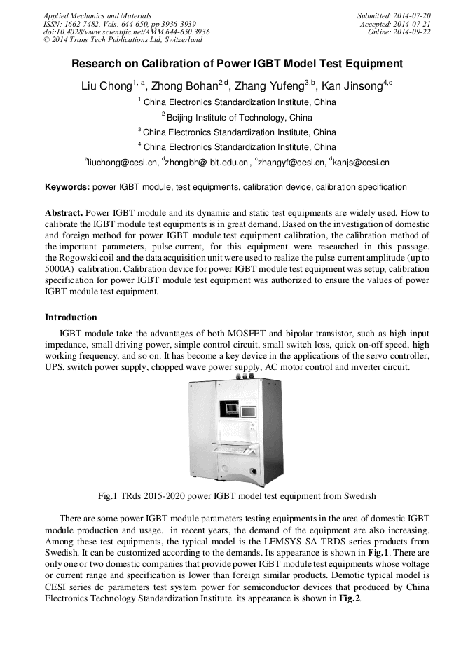 Research on Calibration of Power IGBT Model Test Equipment | Scientific.Net