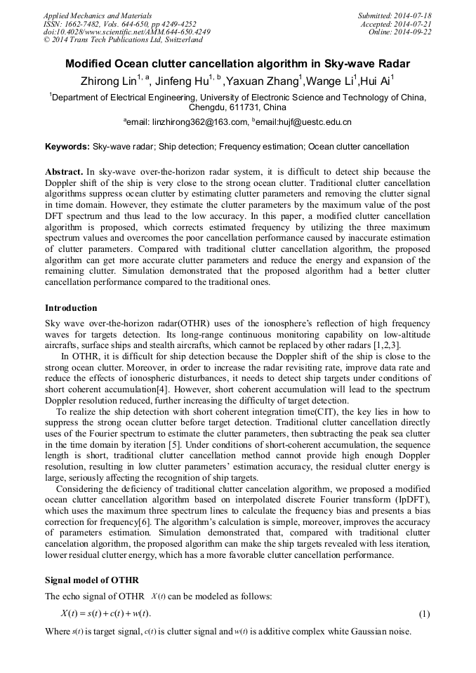 Modified Ocean Clutter Cancellation Algorithm in Sky-Wave Radar ...