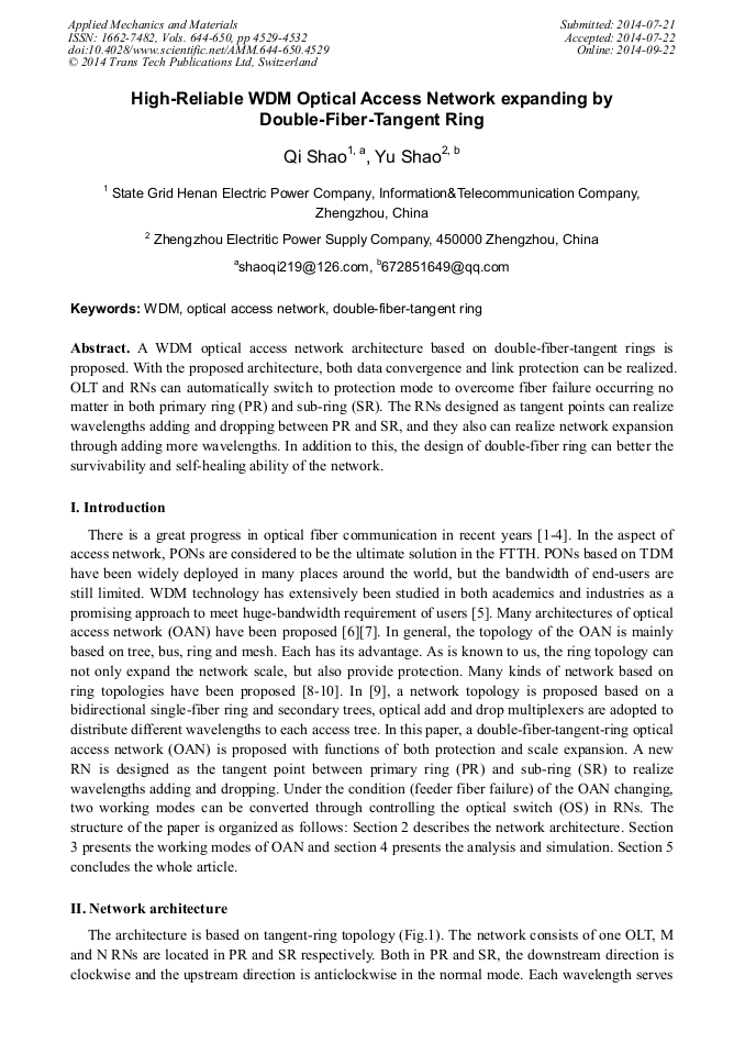 High-Reliable WDM Optical Access Network Expanding by Double-Fiber ...