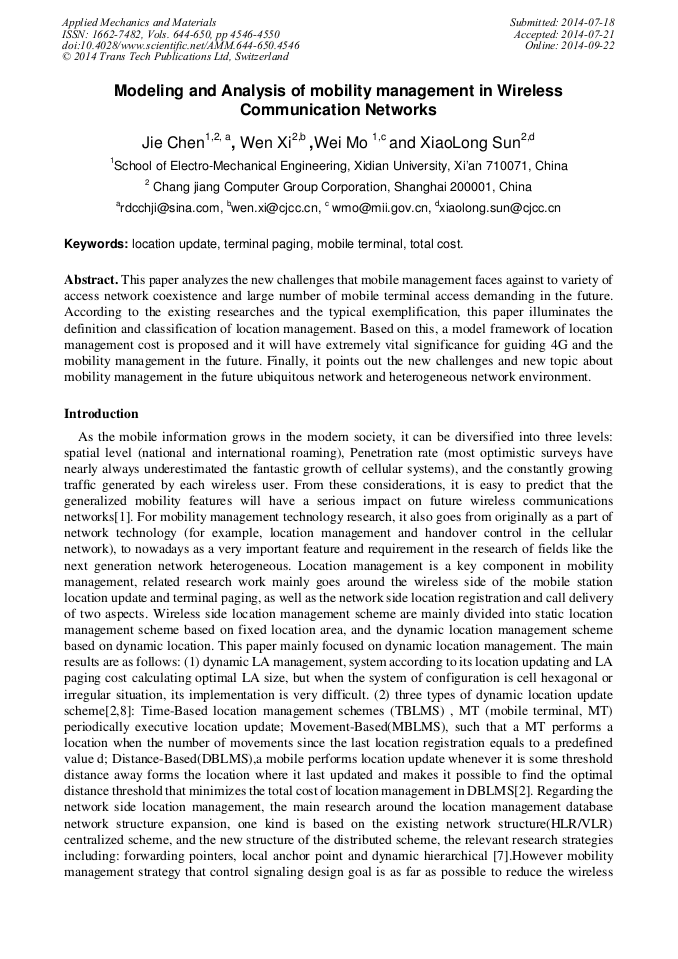 Modeling and Analysis of Mobility Management in Wireless Communication ...