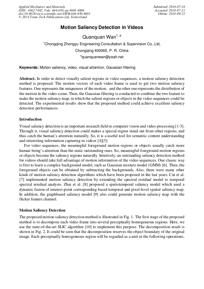 Motion Saliency Detection in Videos | Scientific.Net