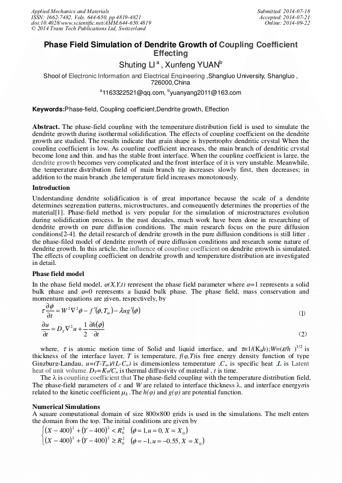 Phase Field Simulation of Dendrite Growth of Coupling Coefficient ...