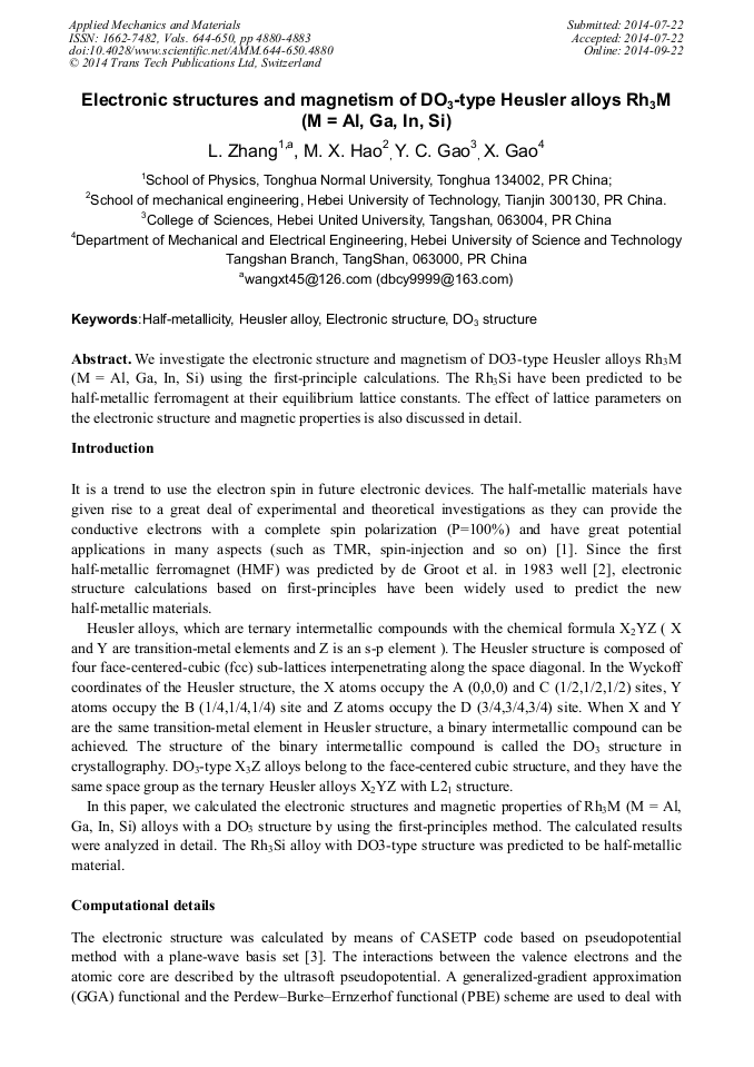 Electronic Structures and Magnetism of DO3-Type Heusler Alloys Rh3M (M ...