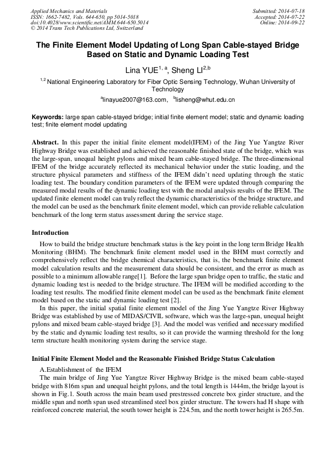 The Finite Element Model Updating of Long Span Cable-Stayed Bridge Based on Static and Dynamic ...