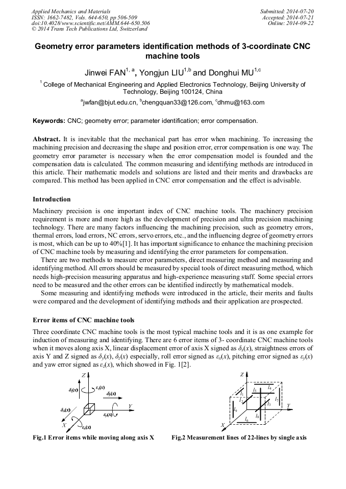 Geometry Error Parameters Identification Methods of 3-Coordinate CNC Machine Tools | Scientific.Net