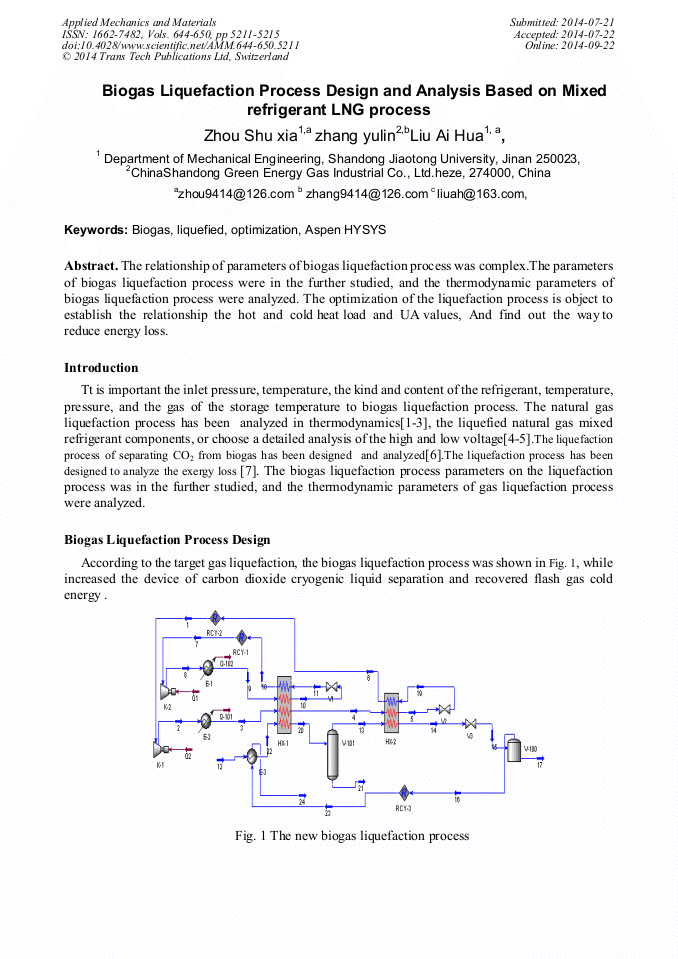 Biogas Liquefaction Process Design and Analysis Based on Mixed ...
