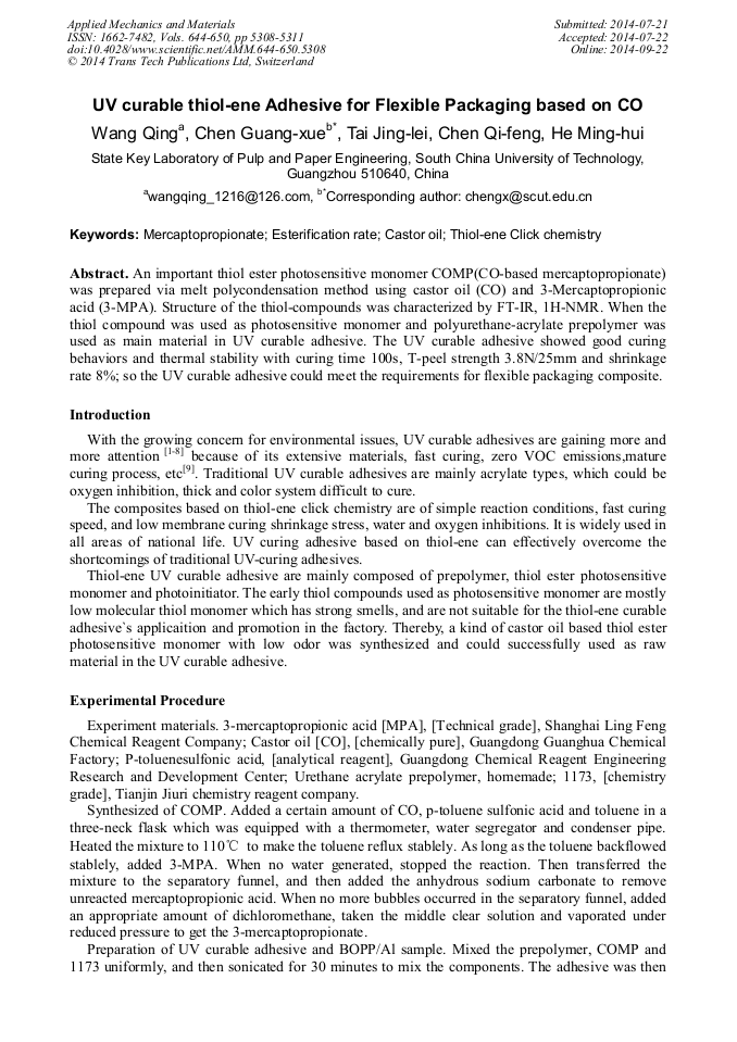 UV Curable Thiol-Ene Adhesive for Flexible Packaging Based on CO ...