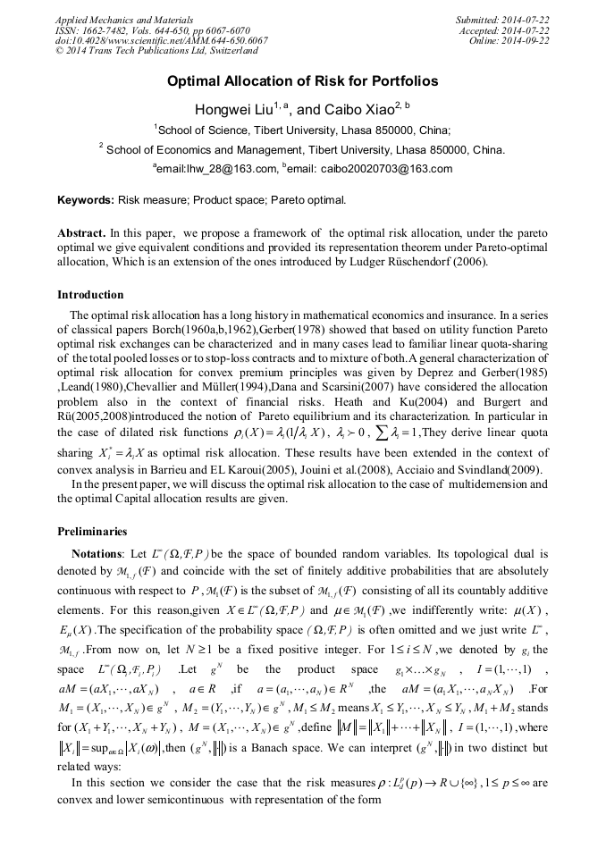 Optimal Allocation of Risk for Portfolios | Scientific.Net