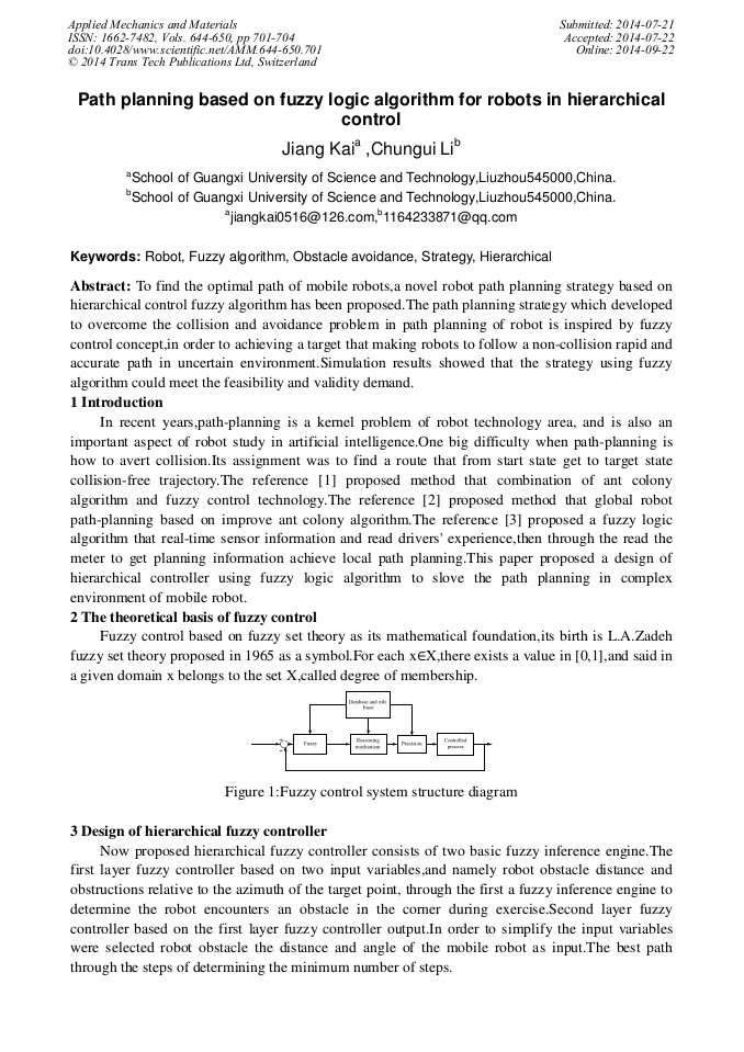 Path Planning Based on Fuzzy Logic Algorithm for Robots in Hierarchical Control | Scientific.Net