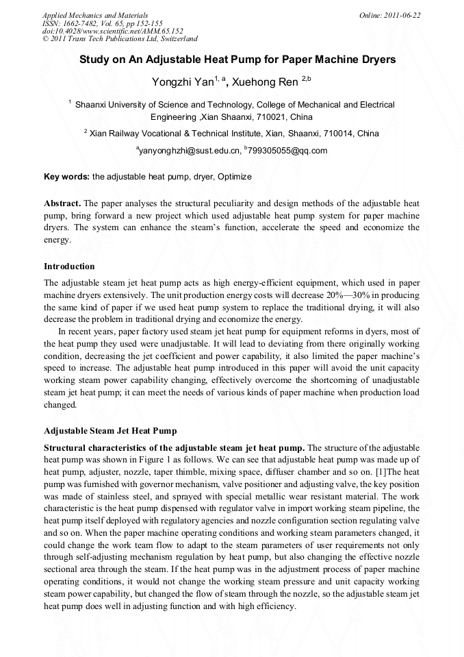Study on an Adjustable Heat Pump for Paper Machine Dryers | Scientific.Net