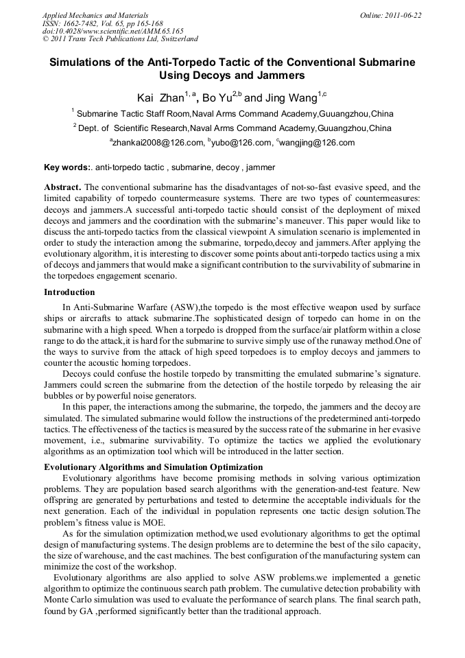 Simulations of the Anti-Torpedo Tactic of the Conventional Submarine ...