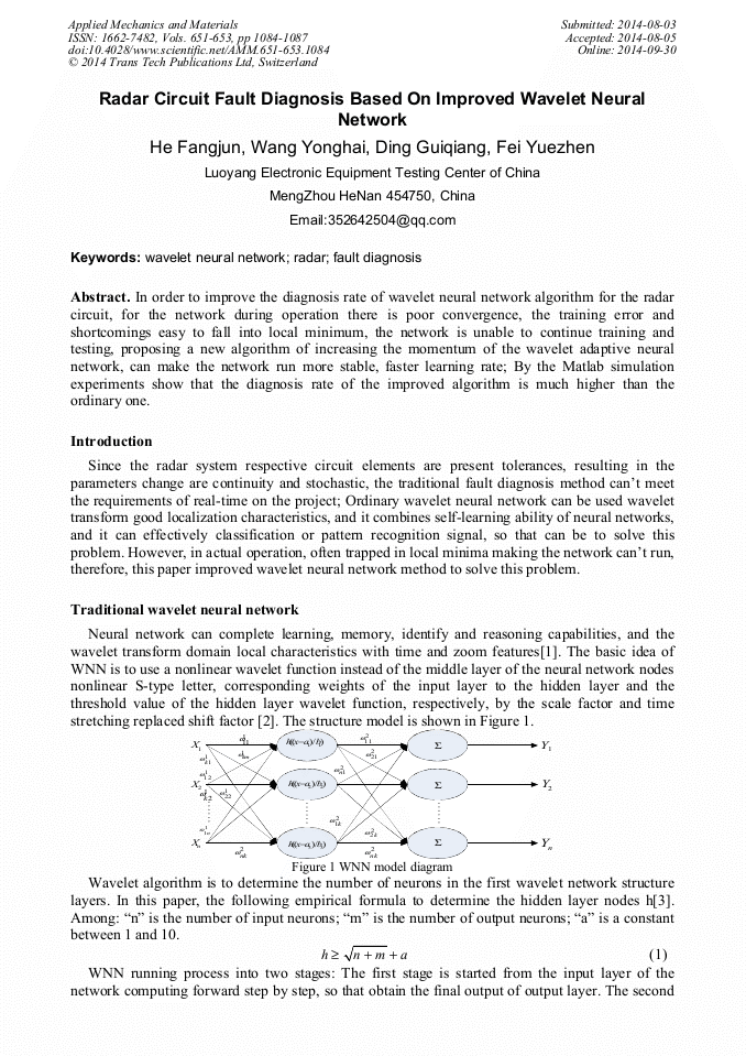 Radar Circuit Fault Diagnosis Based on Improved Wavelet Neural Network | Scientific.Net