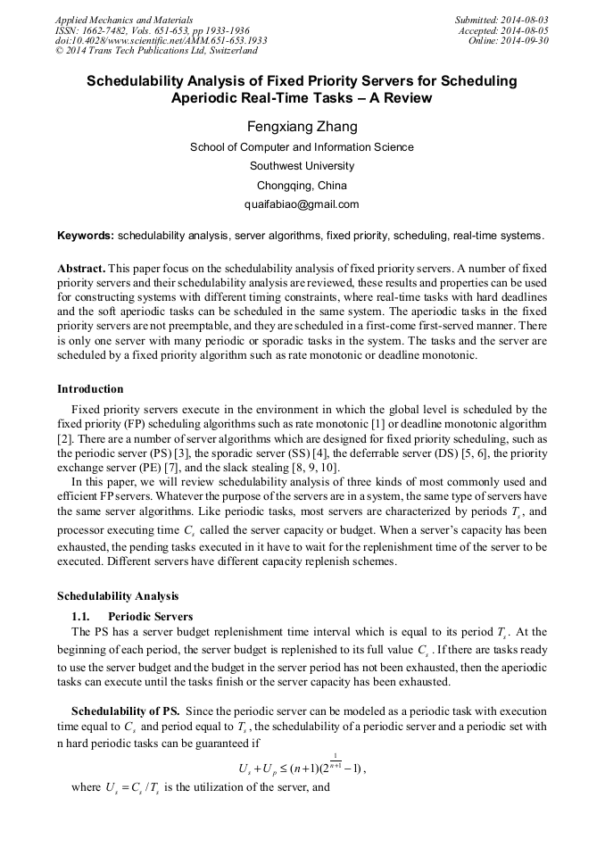 Schedulability Analysis of Fixed Priority Servers for Scheduling Aperiodic Real-Time Tasks – A ...