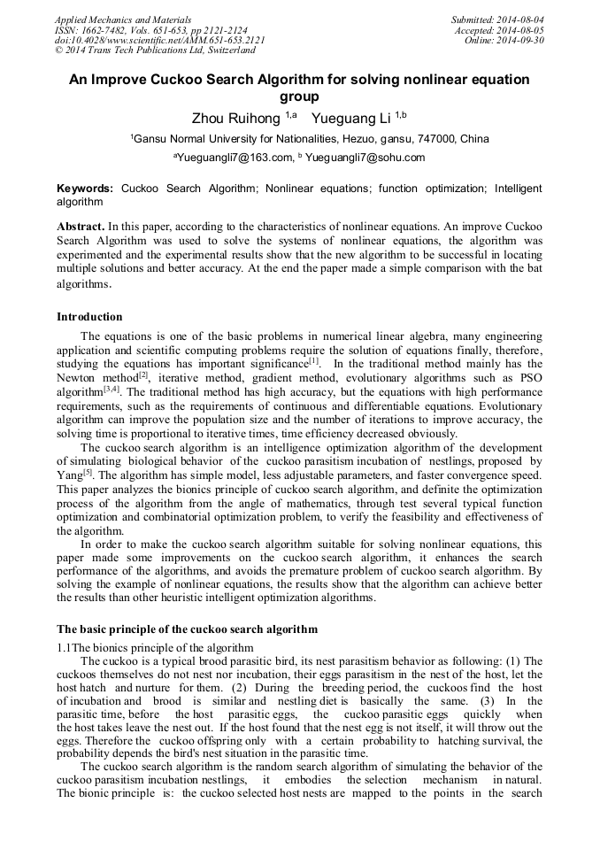 An Improve Cuckoo Search Algorithm for Solving Nonlinear Equation Group | Scientific.Net