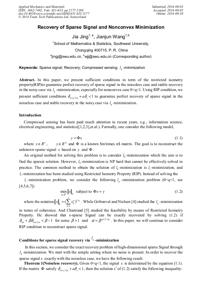Recovery of Sparse Signal and Nonconvex Minimization | Scientific.Net