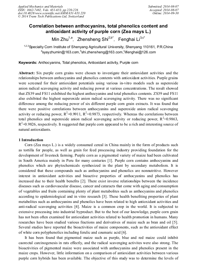 Correlation between Anthocyanins, Total Phenolics Content and Antioxidant Activity of Purple ...