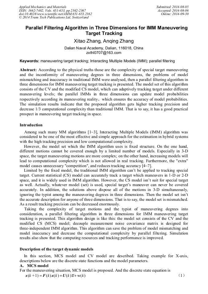 Parallel Filtering Algorithm In Three Dimensions For Imm Maneuvering