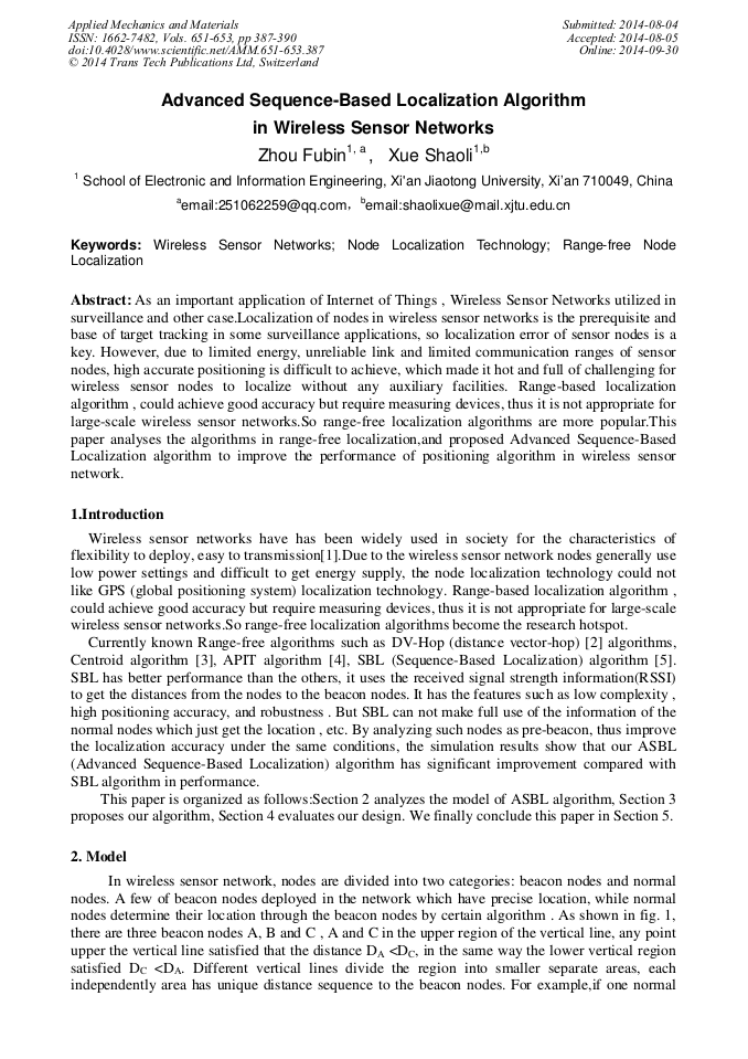 Advanced Sequence Based Localization Algorithm In Wireless Sensor Networks Scientificnet