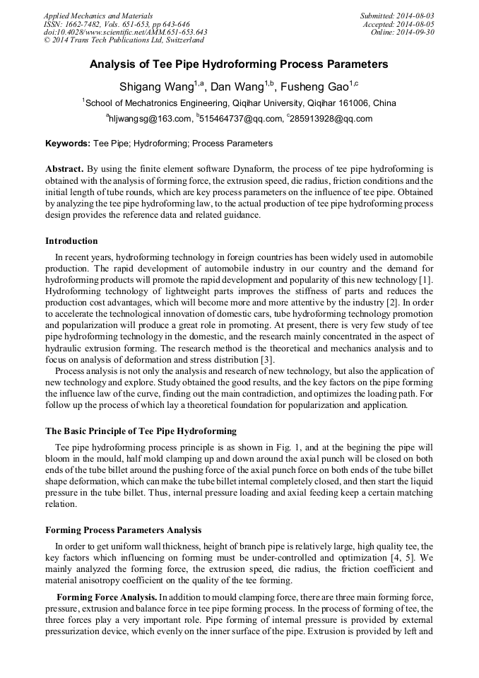Analysis of Tee Pipe Hydroforming Process Parameters | Scientific.Net