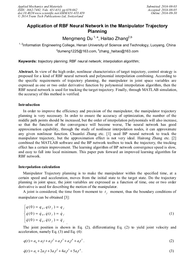 Application of RBF Neural Network in the Manipulator Trajectory Planning | Scientific.Net