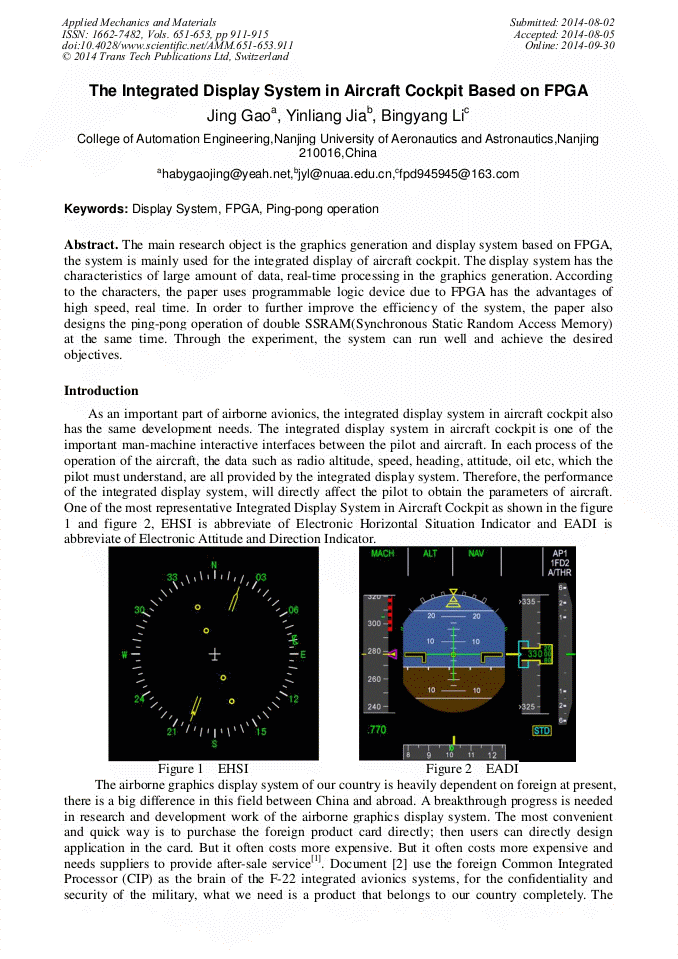 The Integrated Display System in Aircraft Cockpit Based on FPGA ...