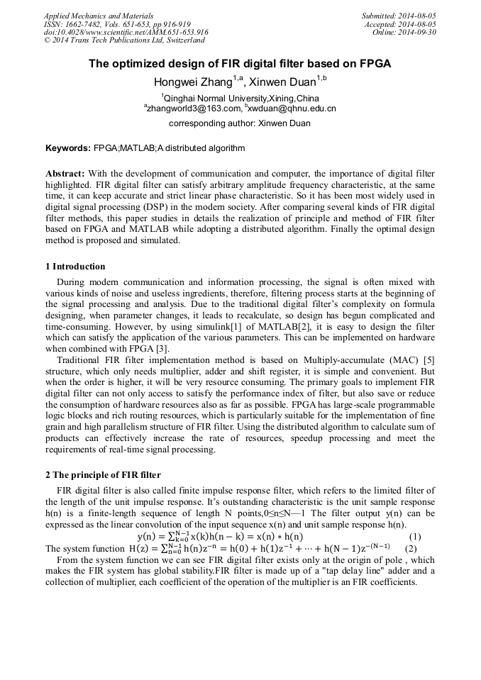 The Optimized Design of FIR Digital Filter Based on FPGA | Scientific.Net