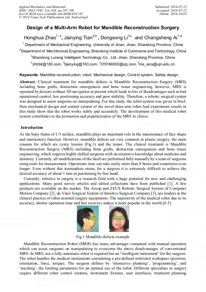 Design of a Multi-Arm Robot for Mandible Reconstruction Surgery ...