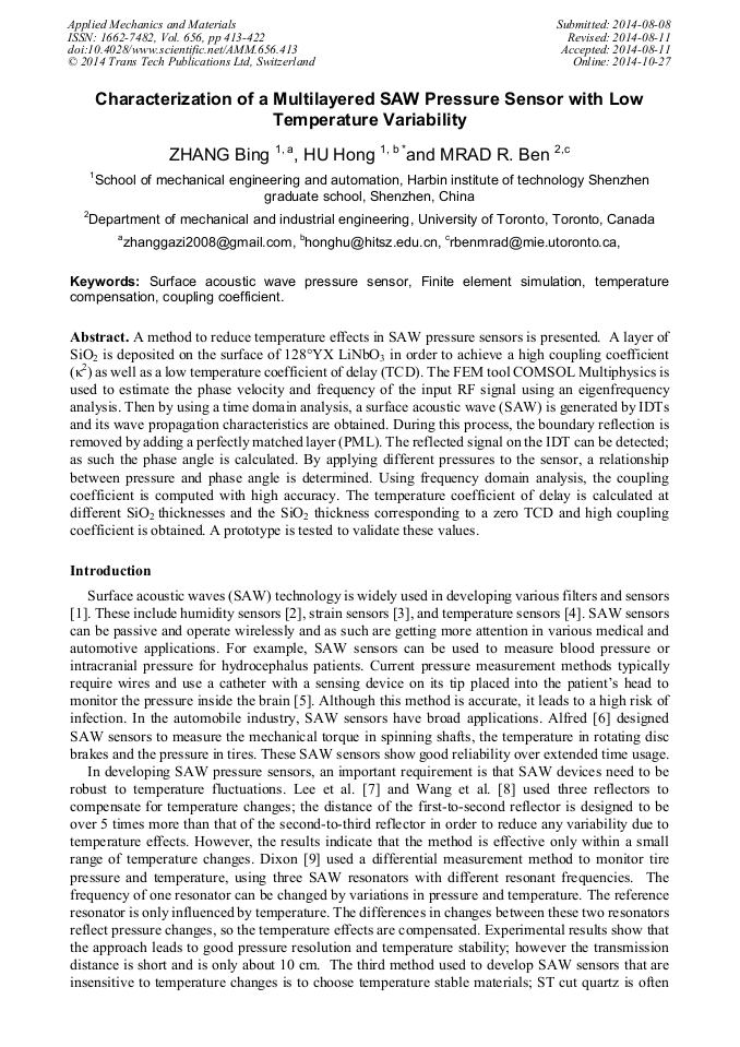 Characterization of a Multilayered SAW Pressure Sensor with Low ...
