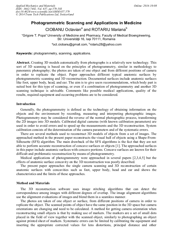 Photogrammetric Scanning and Applications in Medicine | Scientific.Net