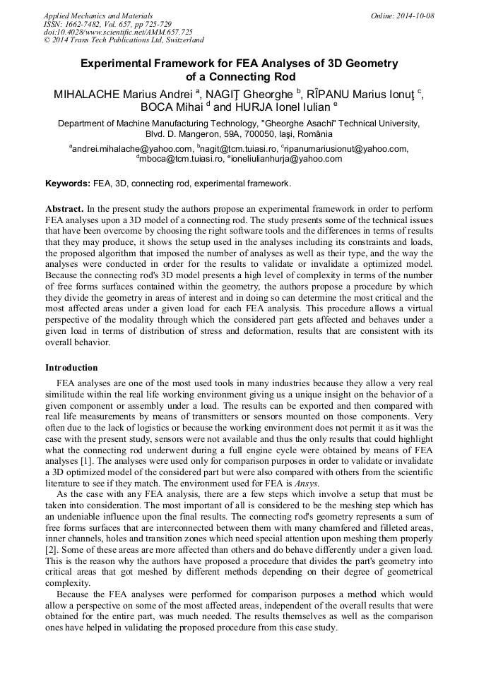 Experimental Framework for FEA Analyses of 3D Geometry of a Connecting ...