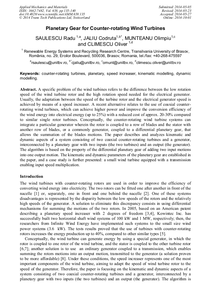 Planetary Gear for Counter-Rotating Wind Turbines | Scientific.Net