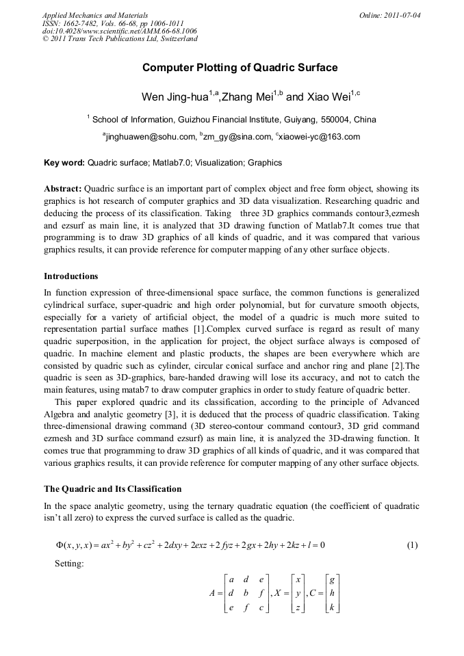 Computer Plotting of Quadric Surface | Scientific.Net