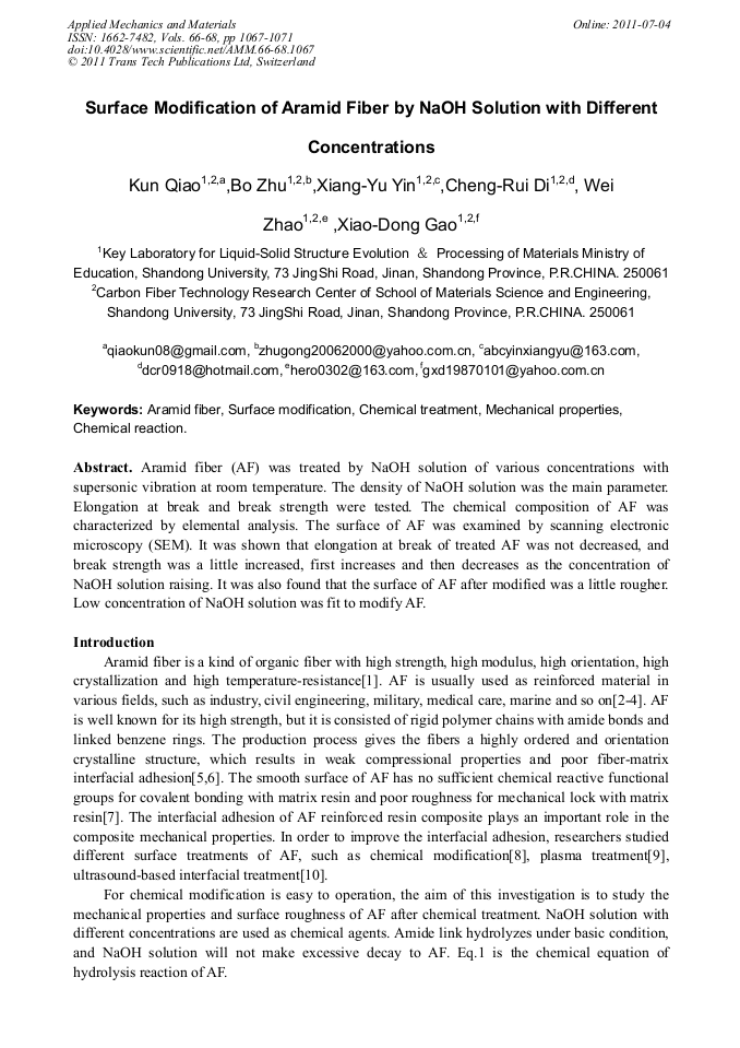 Surface Modification of Aramid Fiber by NaOH Solution with Different ...