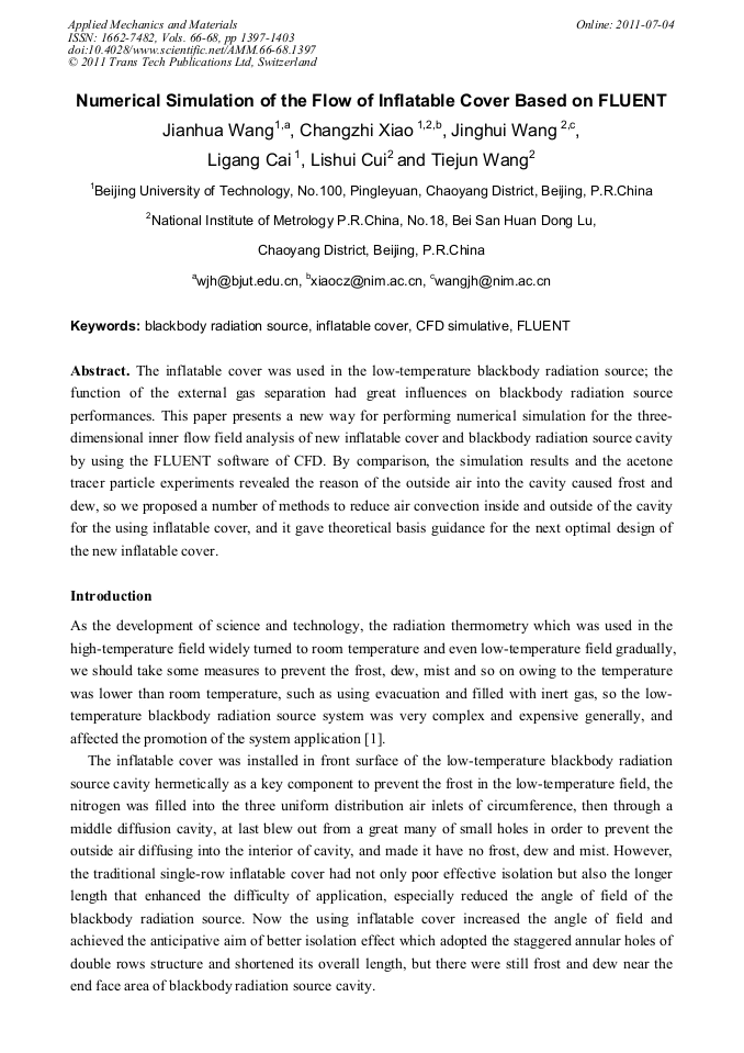 Numerical Simulation of the Flow of Inflatable Cover Based on FLUENT | Scientific.Net