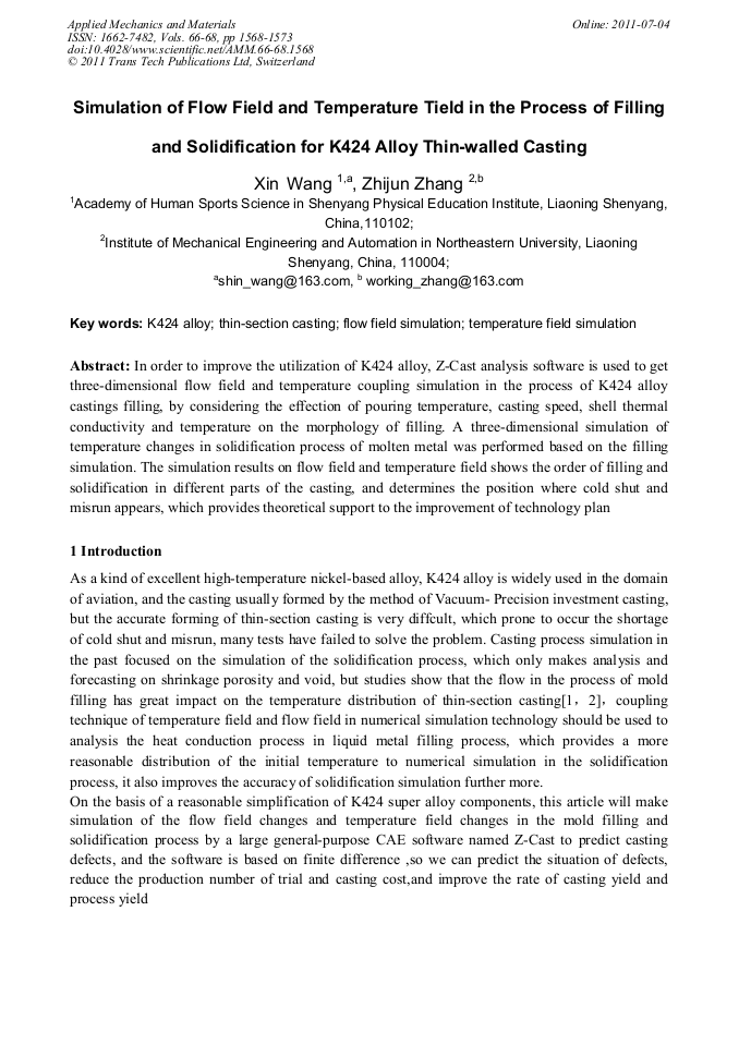 Simulation of Flow Field and Temperature Tield in the Process of Filling and Solidification for ...