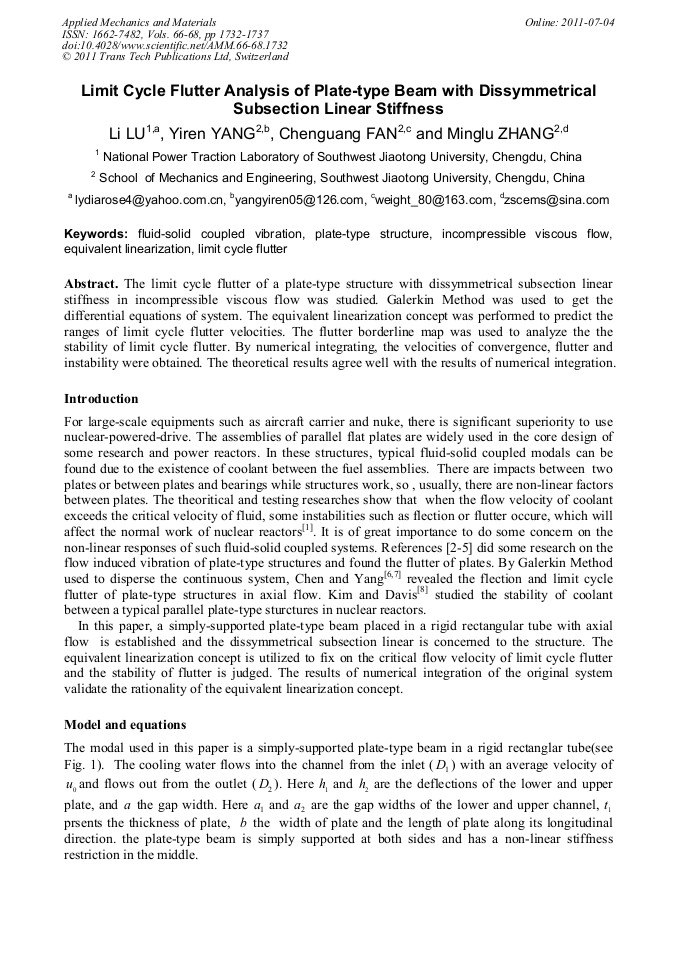 Limit Cycle Flutter Analysis of Plate-Type Beam with Dissymmetrical Subsection Linear Stiffness ...