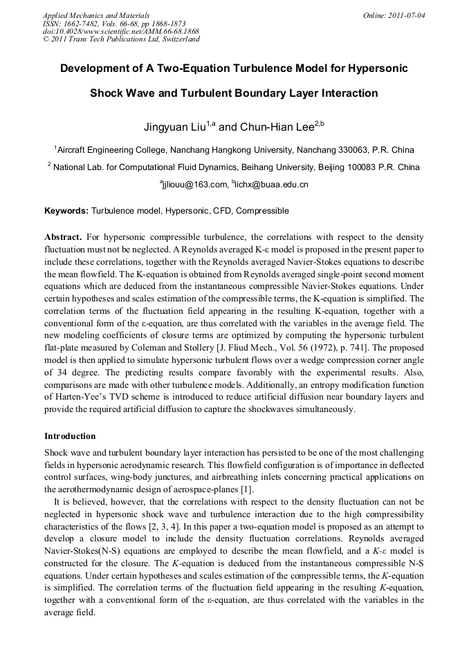 Development of A Two-Equation Turbulence Model for Hypersonic Shock Wave and Turbulent Boundary ...