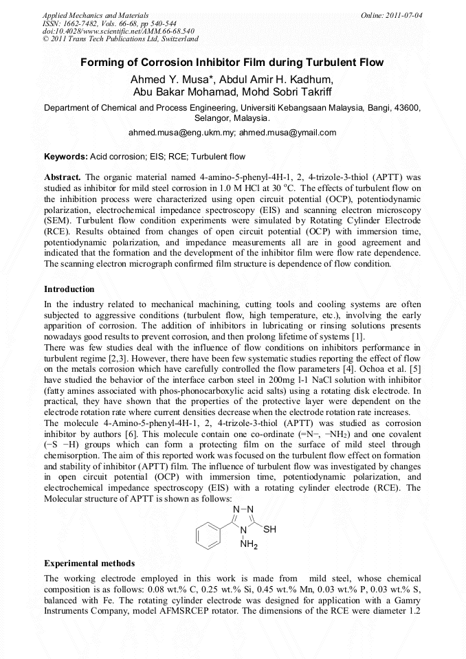 Forming of Corrosion Inhibitor Film during Turbulent Flow | Scientific.Net