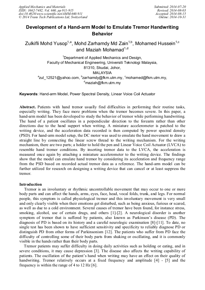 Development of a Hand-Arm Model to Emulate Tremor Handwriting Behavior ...