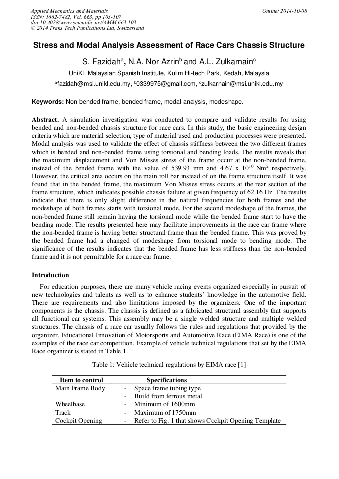 Stress and Modal Analysis Assessment of Race Cars Chassis Structure ...