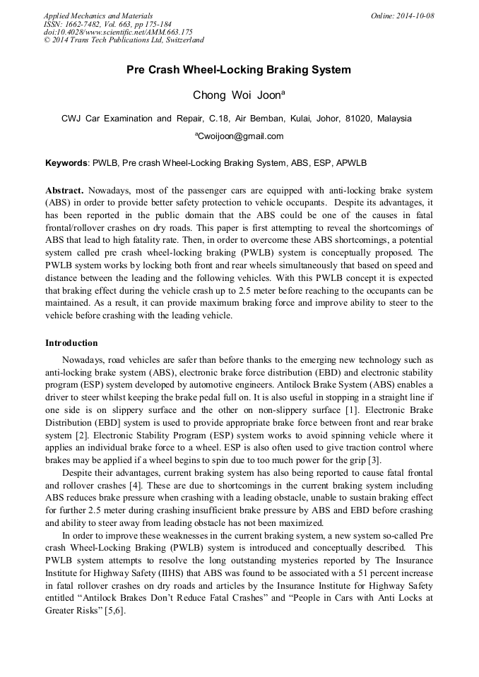 Pre Crash Wheel-Locking Braking System | Scientific.Net