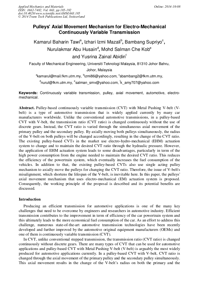 Pulleys' Axial Movement Mechanism for Electro-Mechanical Continuously ...