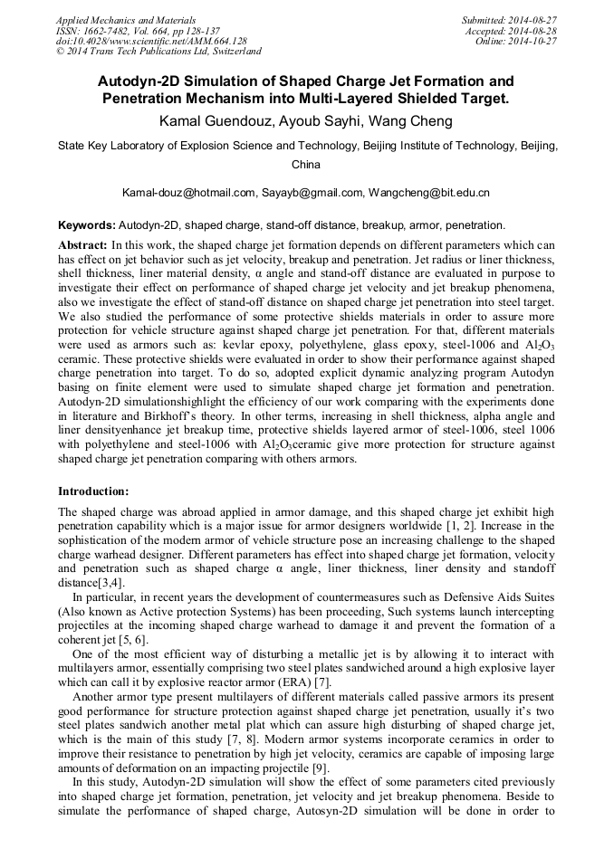 Autodyn-2D Simulation of Shaped Charge Jet Formation and Penetration ...