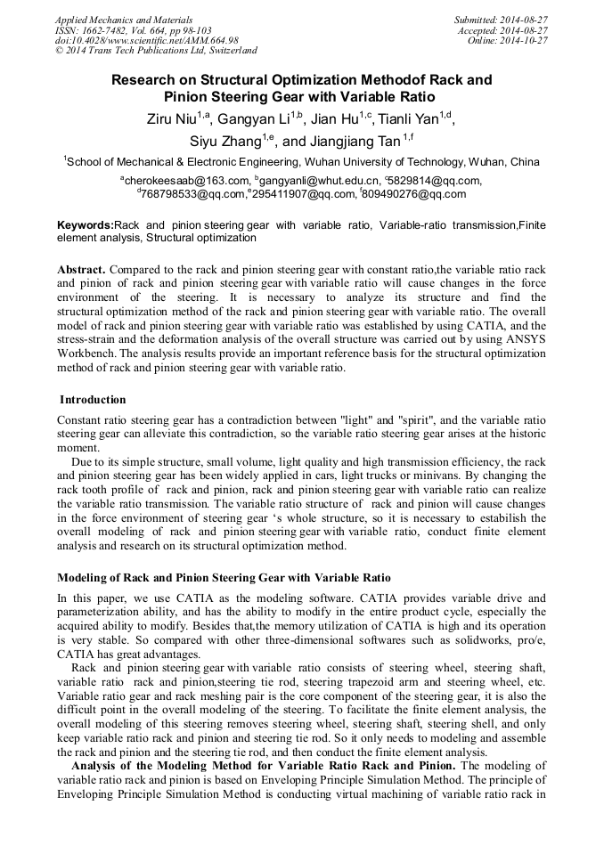 Research on Structural Optimization Method of Rack and Pinion Steering ...